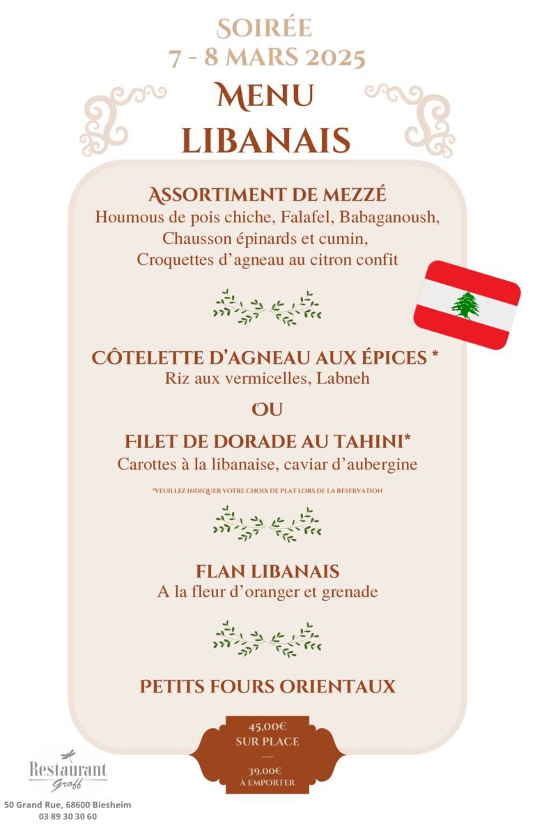 Menu LIBANAIS le 07/03/2025 et 08/03/2025 – Deux Clefs Biesheim